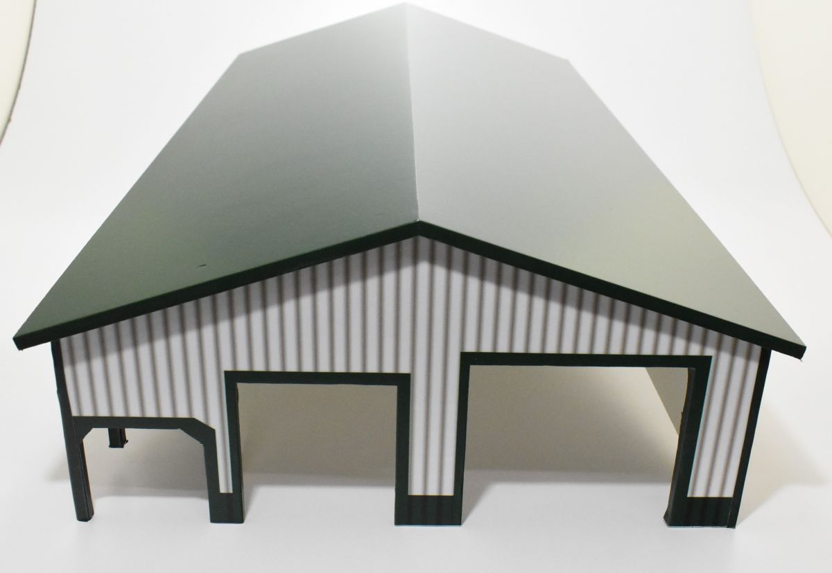 1/64 Green & White 60 x 120 machine shed with porch - Dalton's Farm Toys