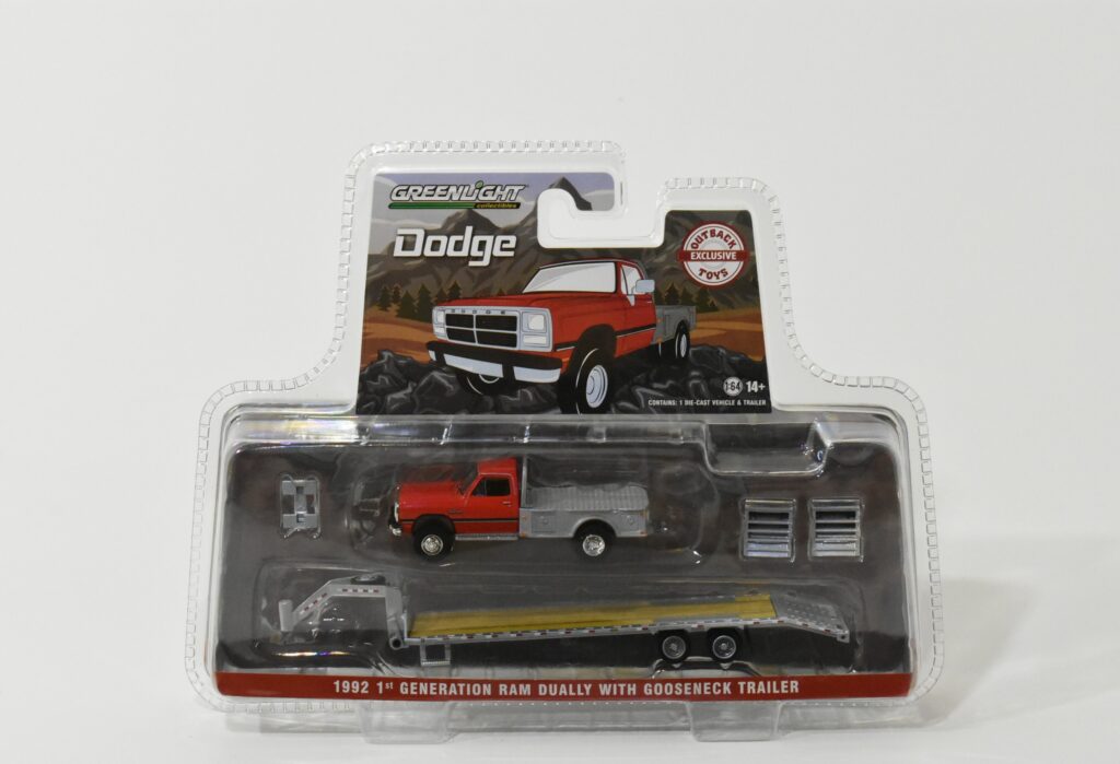 1/64 1992 Dodge Ram Dually 1st Gen, Red With Silver Flatbed & Silver ...