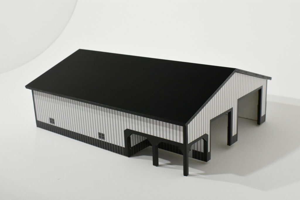 1/64 Black & White 60 x 80 machine shed with porch - Dalton's Farm Toys