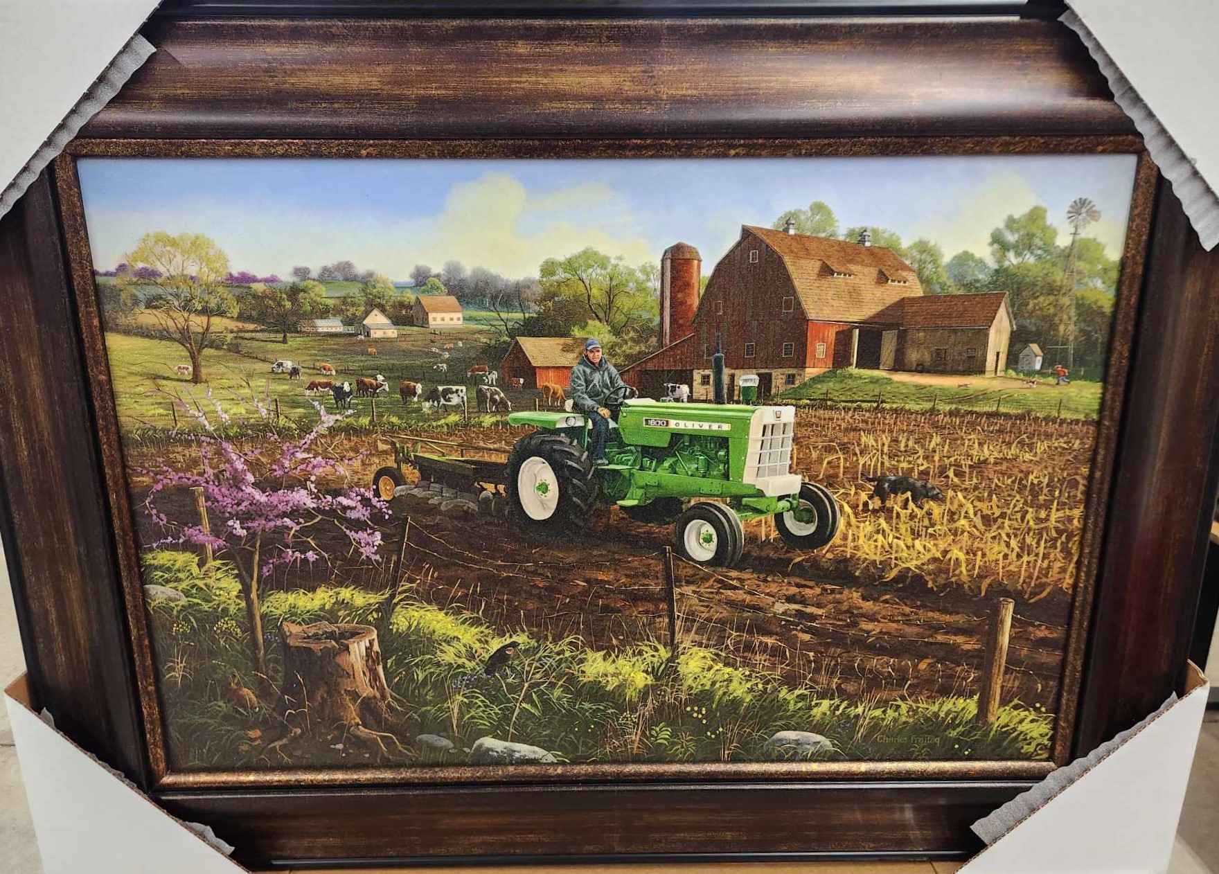 Oliver 1600 Tractor Plowing, Framed Print 28" x 38" - Dalton's Farm Toys