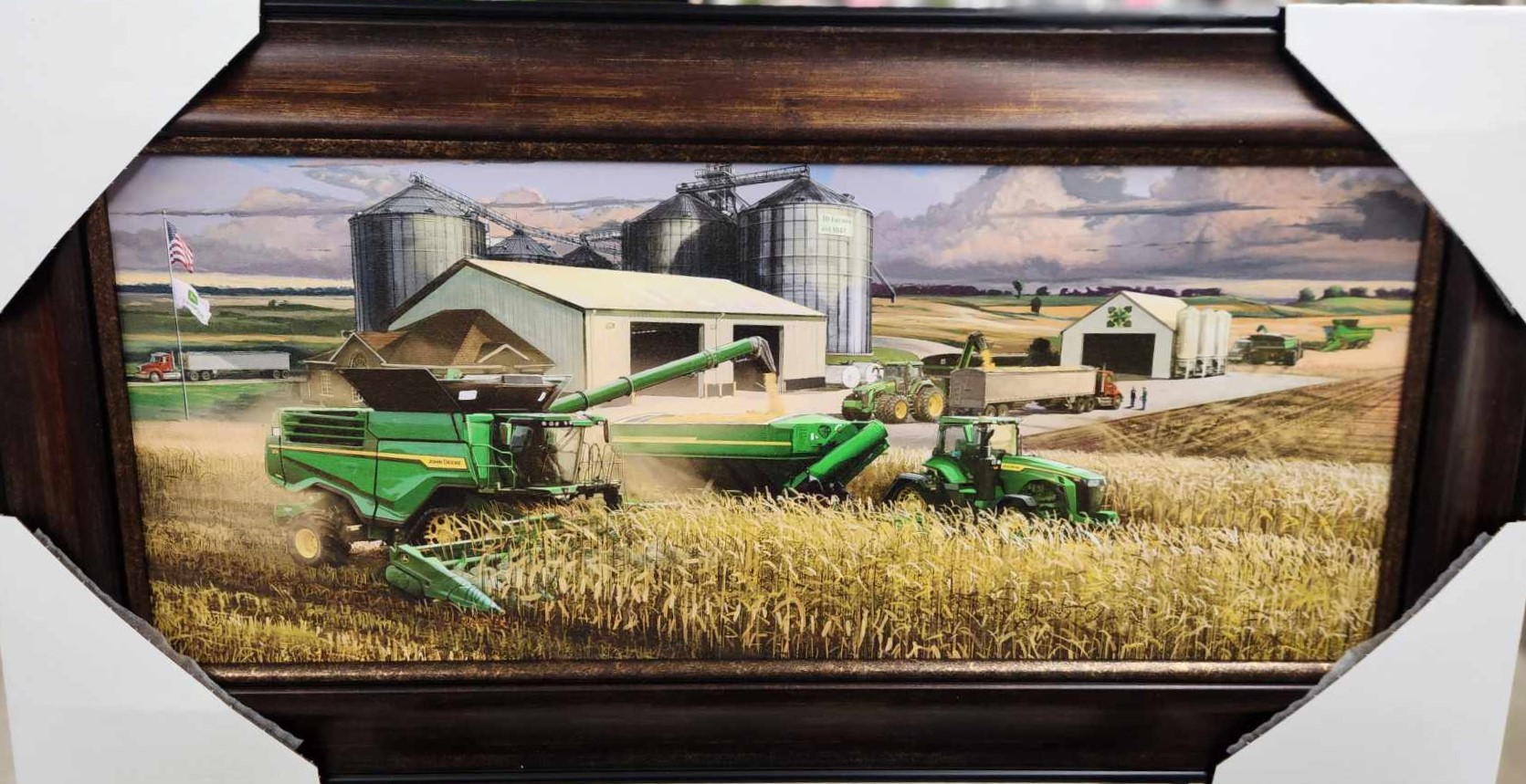 John Deere Harvest Season With Grain Bins Combines Tractors & Grain Cart, Framed Print 23" x 44 ...