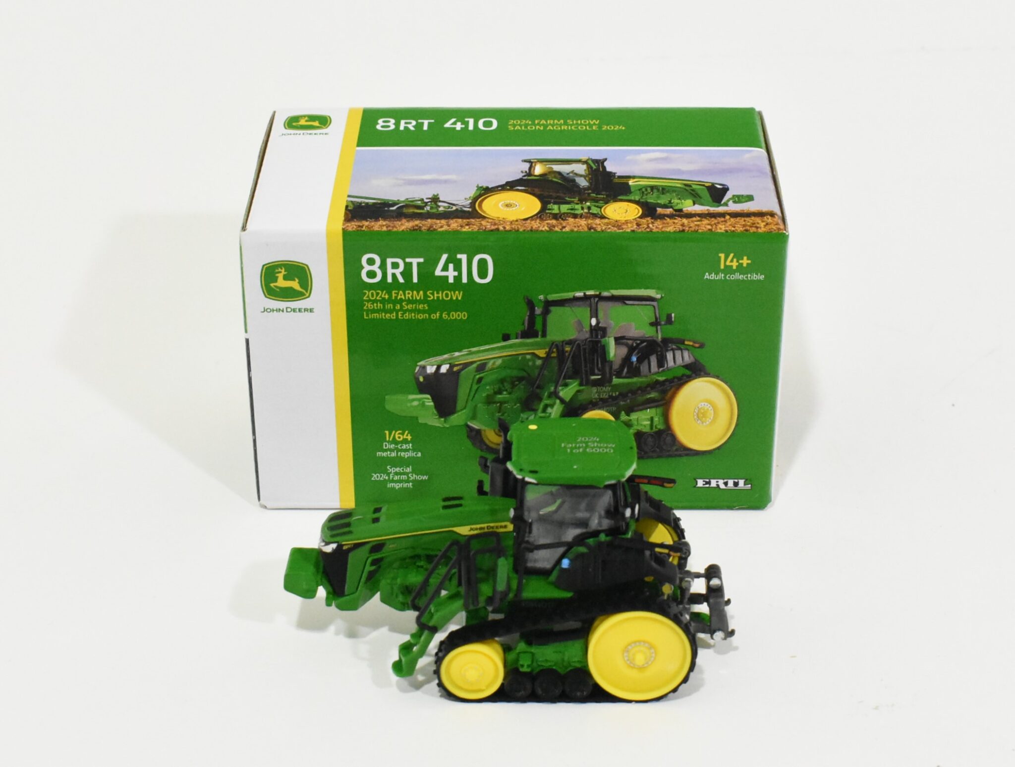 1/64 John Deere 8RT 410 Tracked Tractor, 2024 Farm Show, Mistake Version - Dalton's Farm Toys